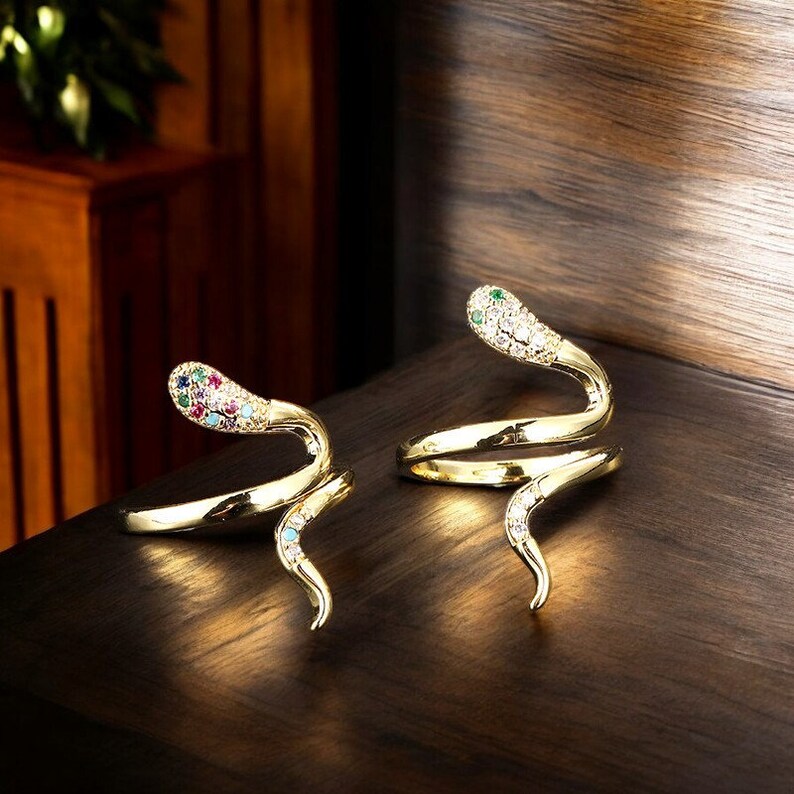 Elegant Snake Ring Design, Gemstone Encrusted Adjustable Ring, Unique ...
