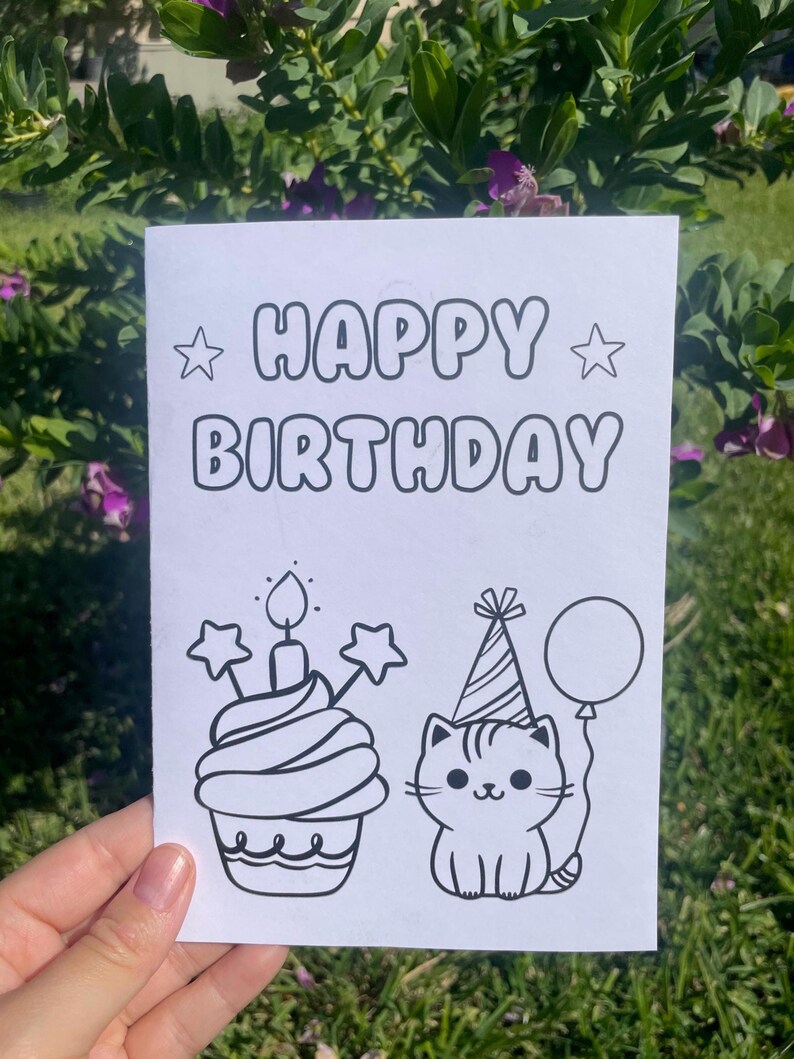 Printable Cat Birthday Card: Kids Coloring Page (digital Download) - Etsy