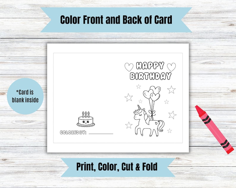 Printable Unicorn Coloring Birthday Card: Kids' Activity (digital ...