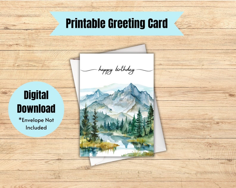 Watercolor Mountains Birthday Card: Outdoorsy Landscape (digital ...