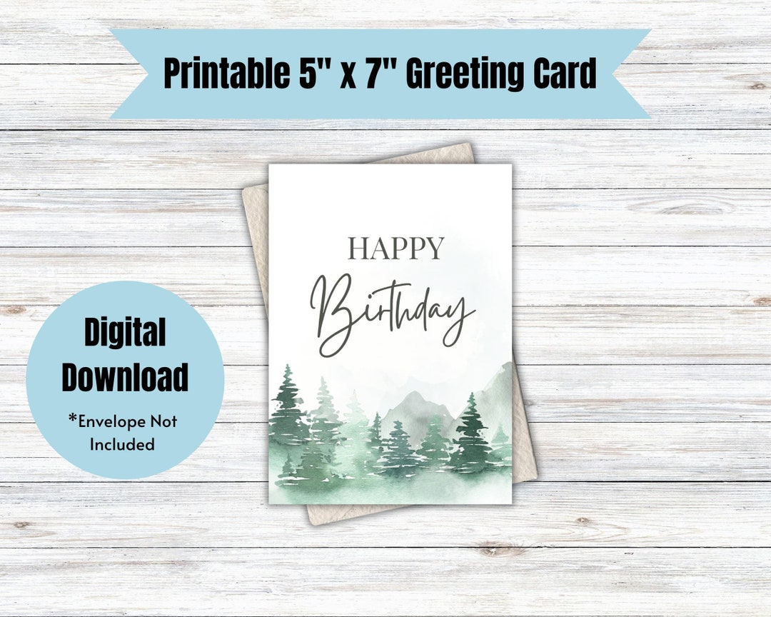 Printable Nature Birthday Card: Watercolor Mountains & Pine Trees (PDF ...