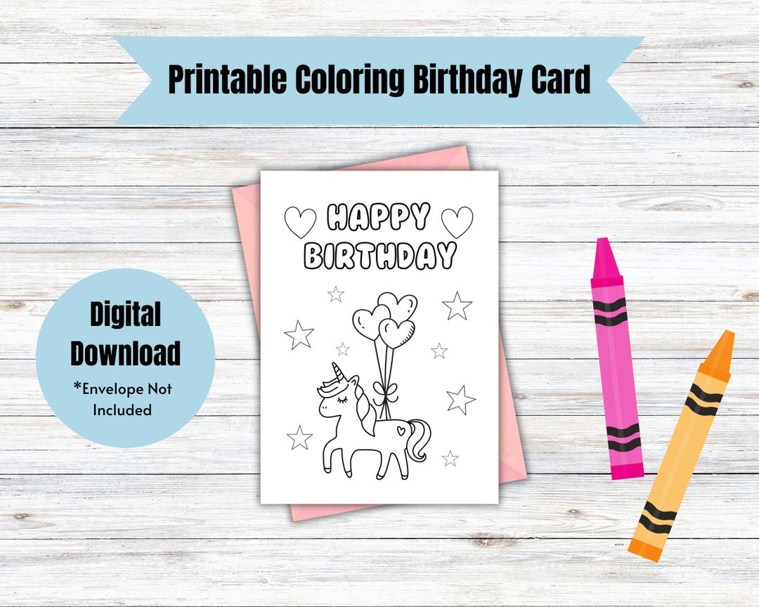 Printable Unicorn Coloring Birthday Card: Kids' Activity (digital ...