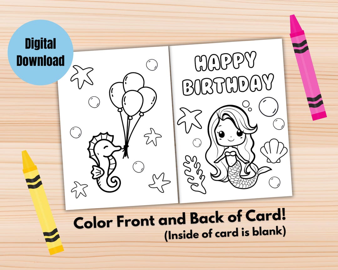 Mermaid Birthday Card: Kids Coloring Page (digital Download) - Etsy