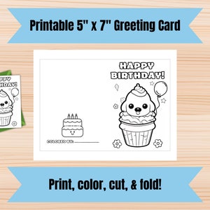 Happy Birthday Coloring Card, Printable Coloring Birthday Card, Cute ...