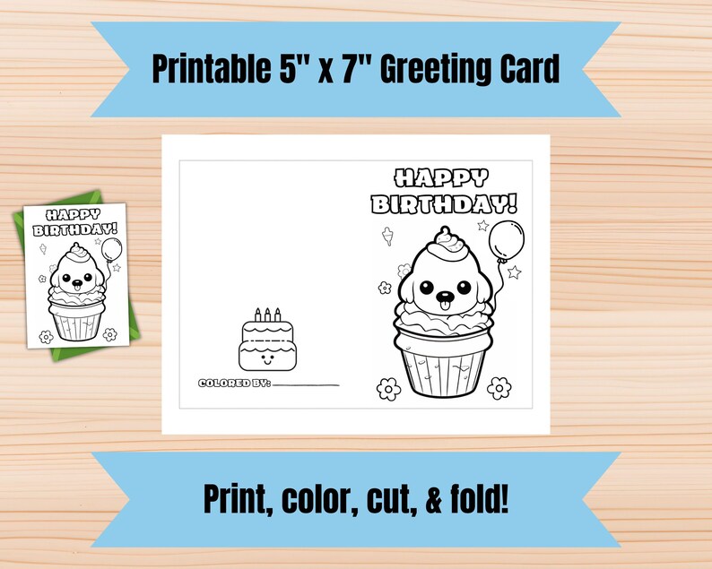 Happy Birthday Coloring Card, Printable Coloring Birthday Card, Cute ...