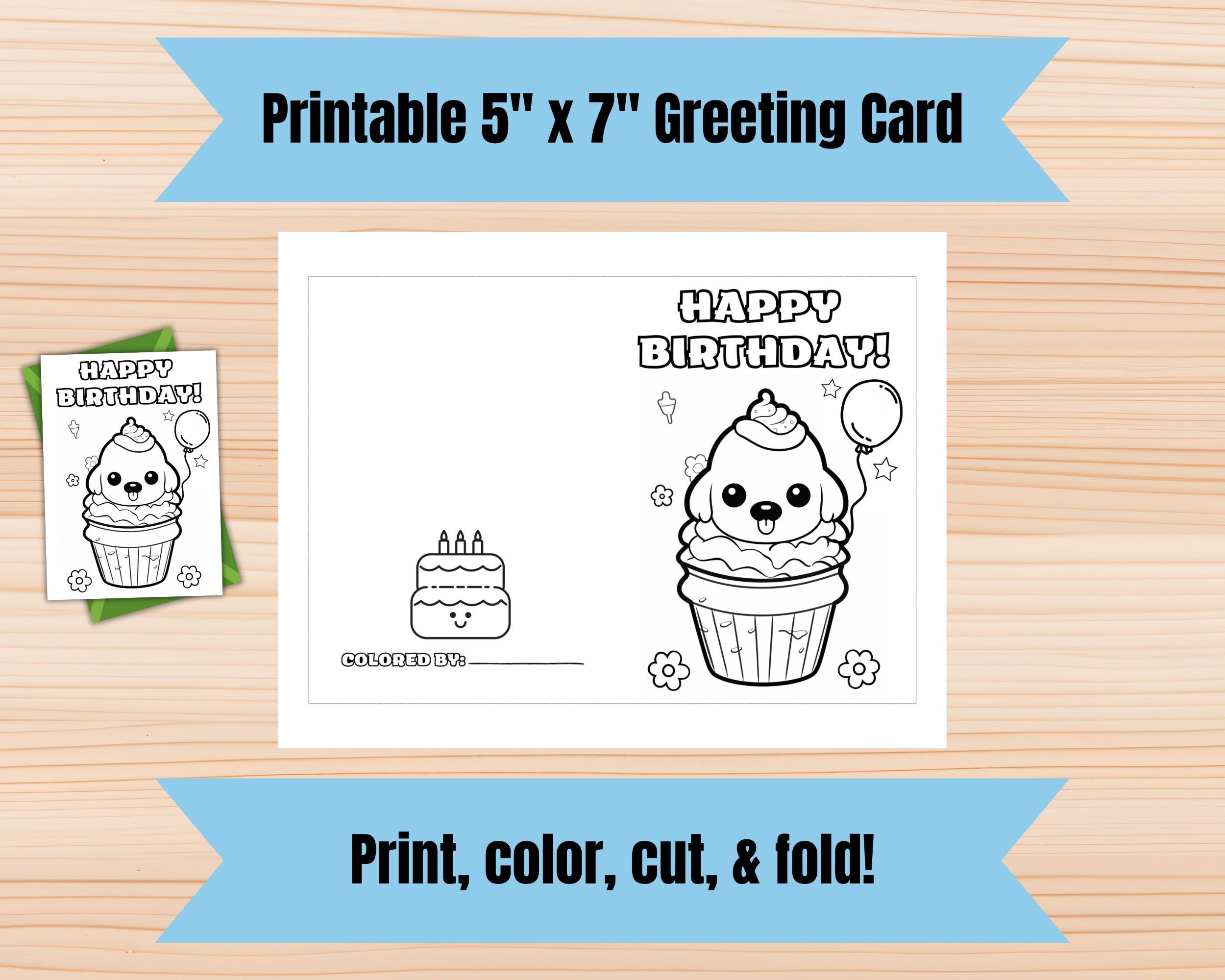 Happy Birthday Coloring Card, Printable Coloring Birthday Card, Cute ...