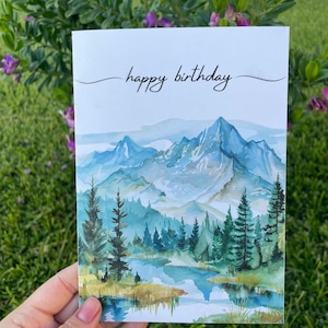 Watercolor Mountains Birthday Card: Outdoorsy Landscape (digital ...
