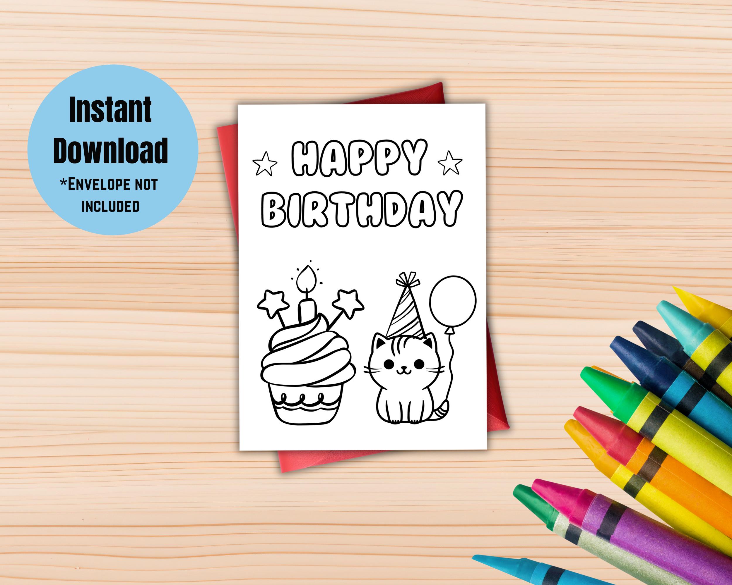 Printable Cat Birthday Card: Kids Coloring Page (digital Download) - Etsy