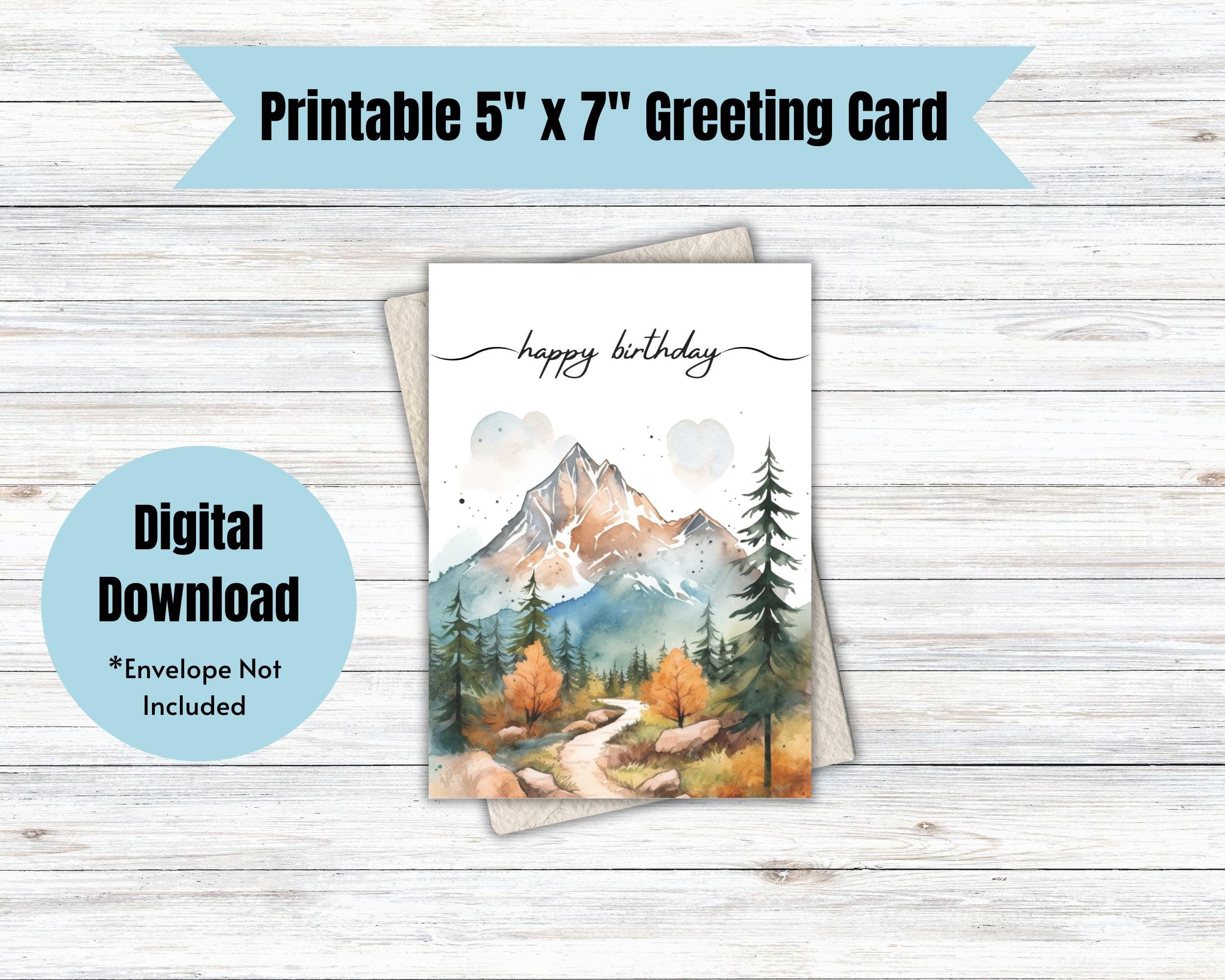 Watercolor Mountains Birthday Card: Hiking Landscape (digital Download ...