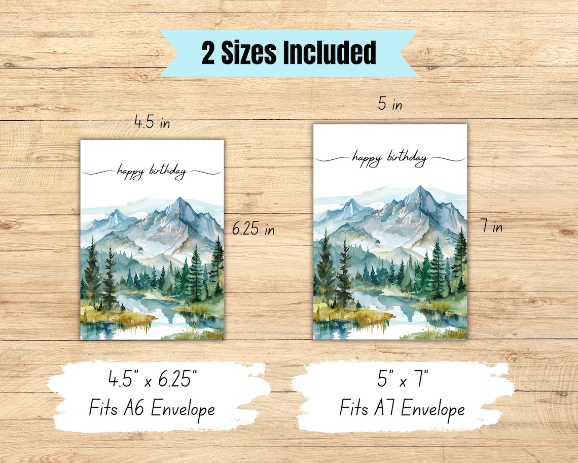 Watercolor Mountains Birthday Card: Outdoorsy Landscape (digital ...