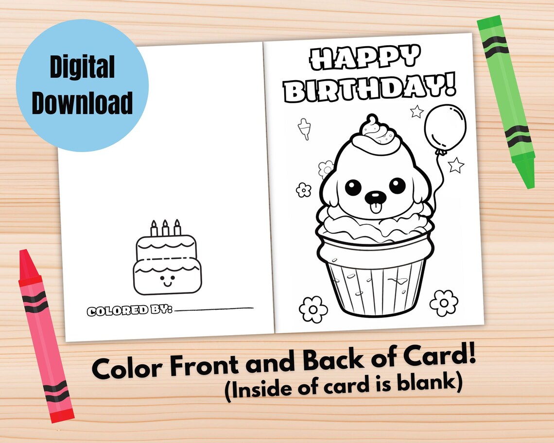 Happy Birthday Coloring Card, Printable Coloring Birthday Card, Cute ...