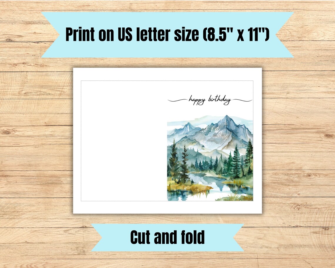 Watercolor Mountains Birthday Card: Outdoorsy Landscape (digital ...