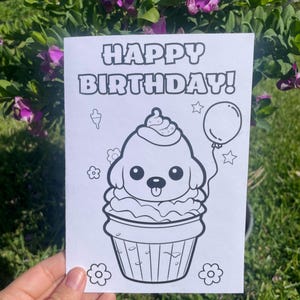 Happy Birthday Coloring Card, Printable Coloring Birthday Card, Cute ...