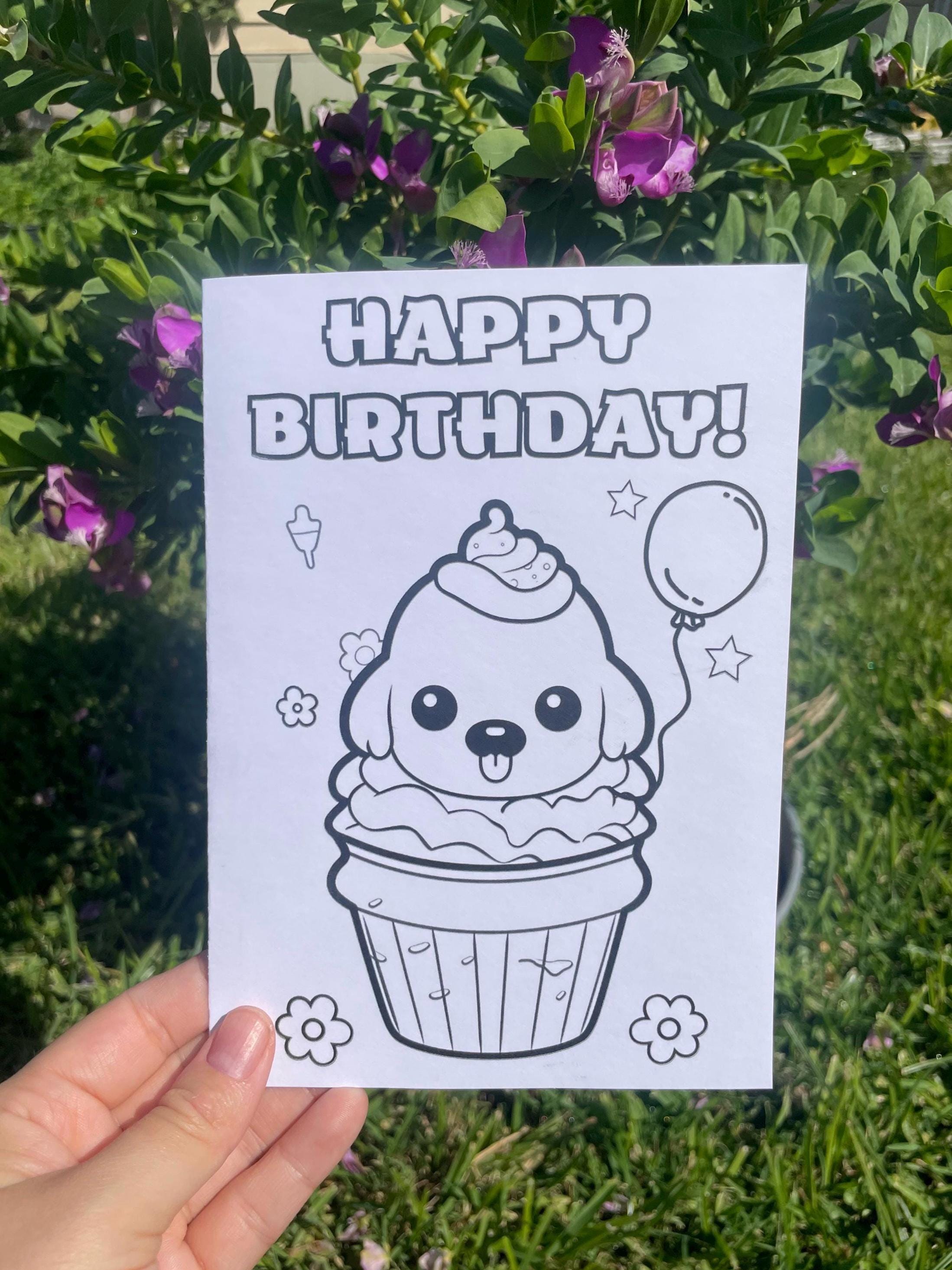 Happy Birthday Coloring Card, Printable Coloring Birthday Card, Cute ...