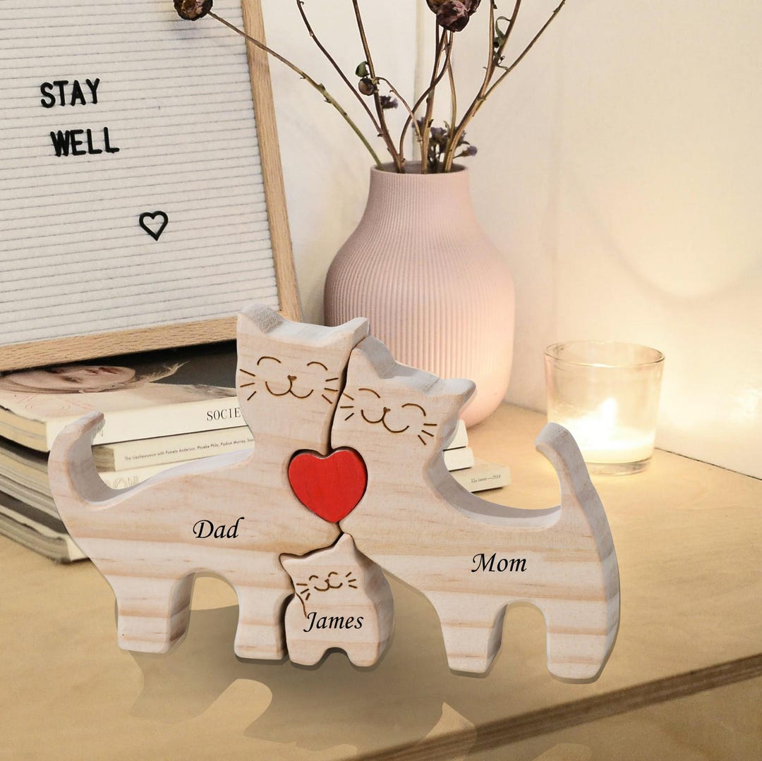 Wooden Cat Family Puzzle, 2-7 Cats Family Jigsaw Decor, Wedding ...