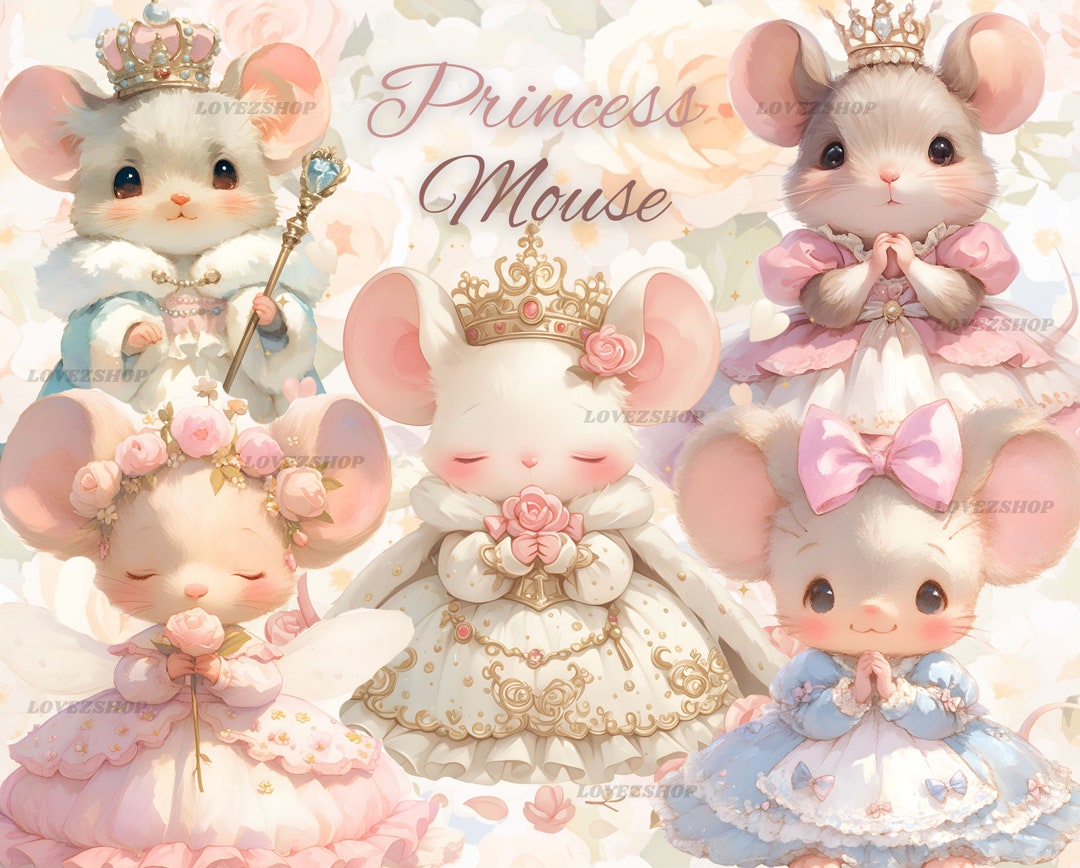 13 Princess Royalty Mouse, Watercolor JPG Clipart Bundle, Mouse Clipart ...