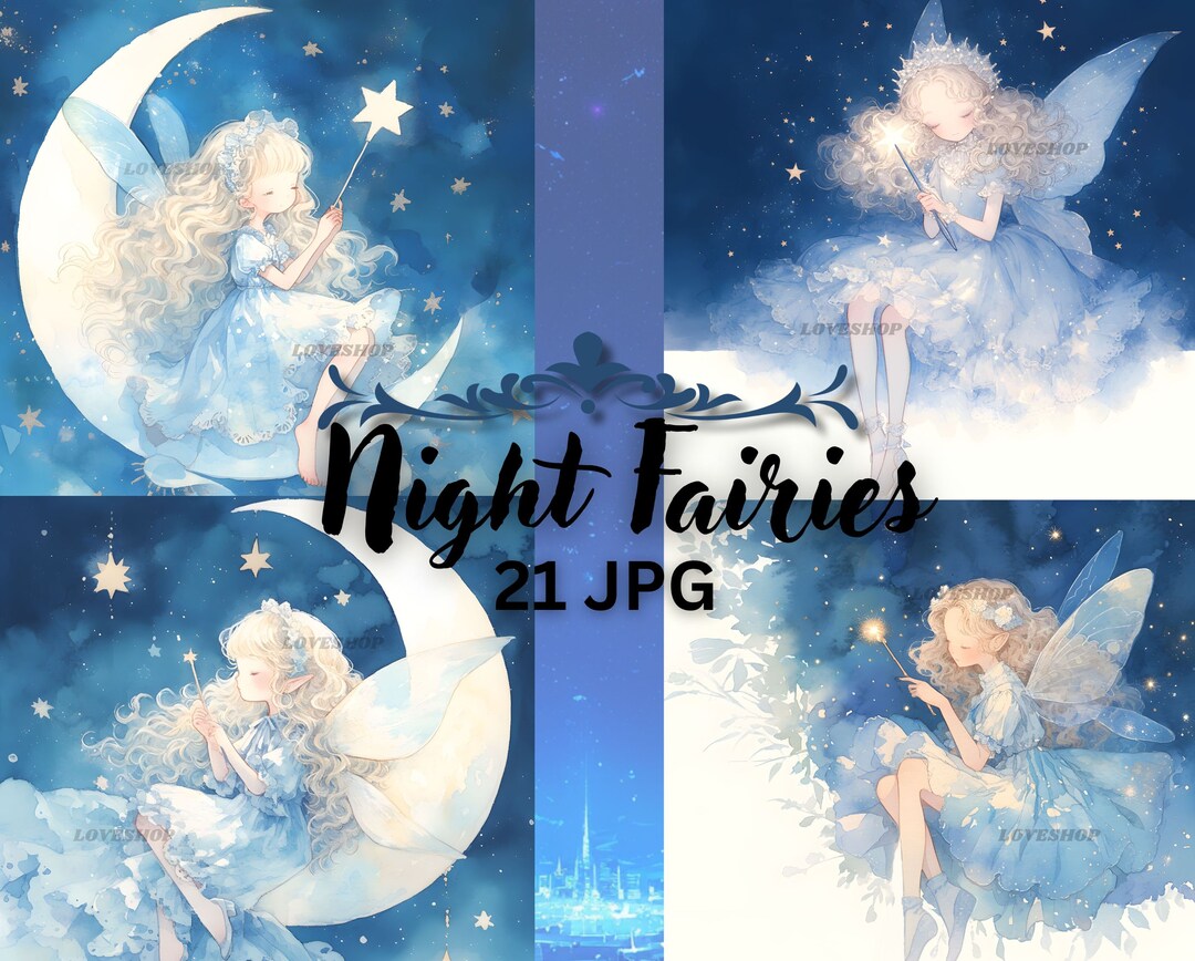 21 Night Fairy Clipart, Watercolor Magical Moon Night Fairies JPG ...