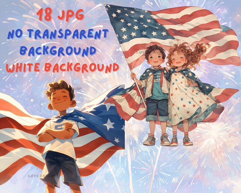 18 Fourth of July Kids Clipart, 4th of July Kids Watercolor Style JPG ...