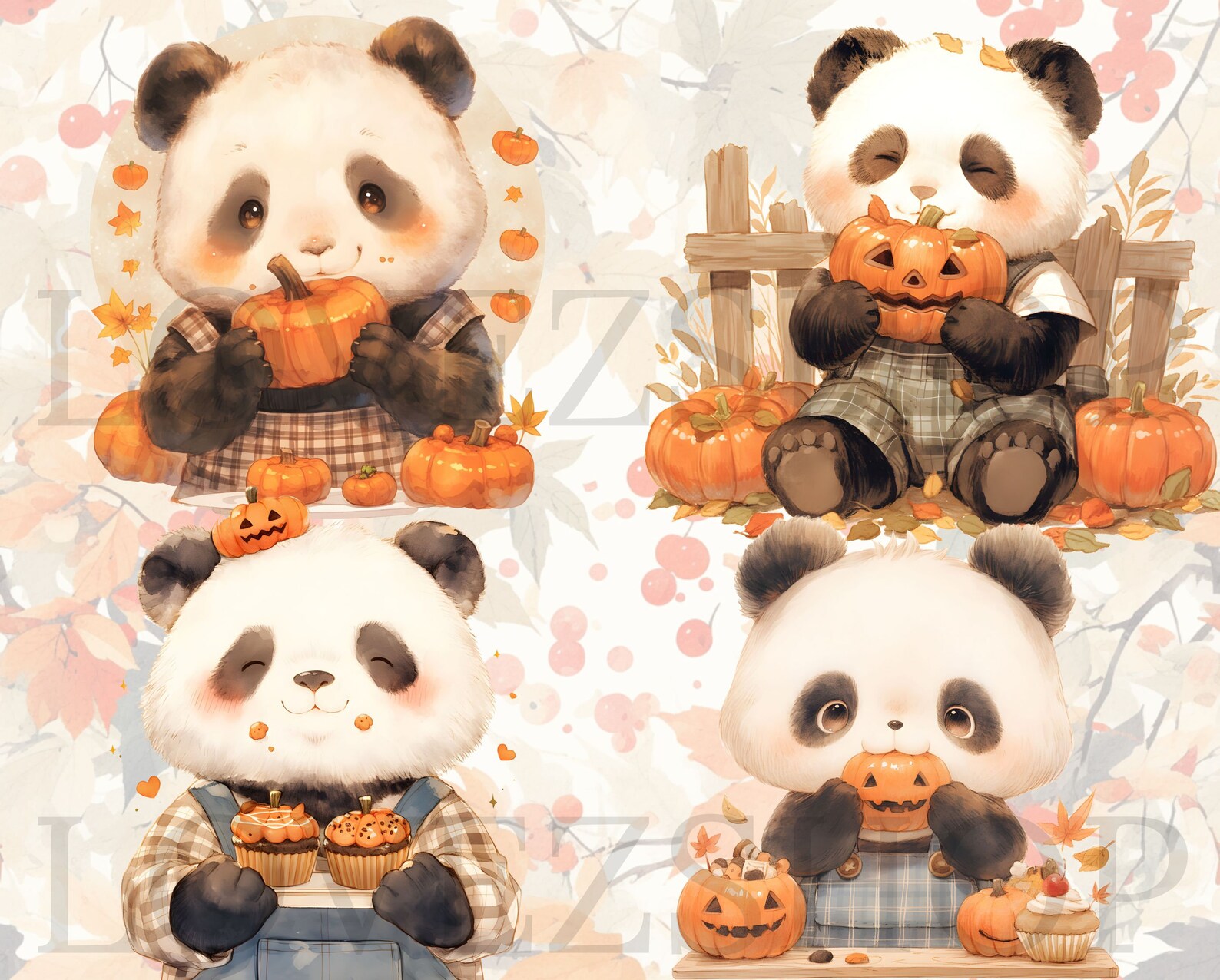 20 Fall Panda, Baking Clipart, JPG File, Panda Clipart, Watercolor Cute ...