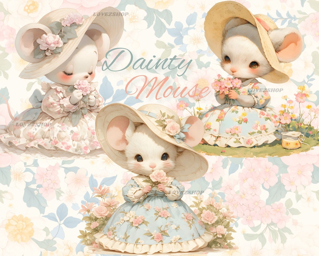 15 Dainty Mouse, High Quality Watercolor Vintage Mouse Bundle, JPG File ...