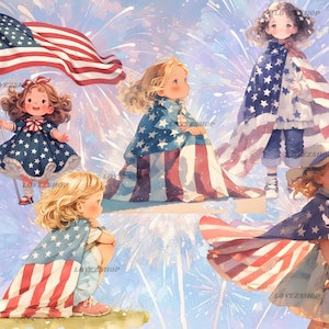 18 Fourth of July Kids Clipart, 4th of July Kids Watercolor Style JPG Bundle, Independence Day ...