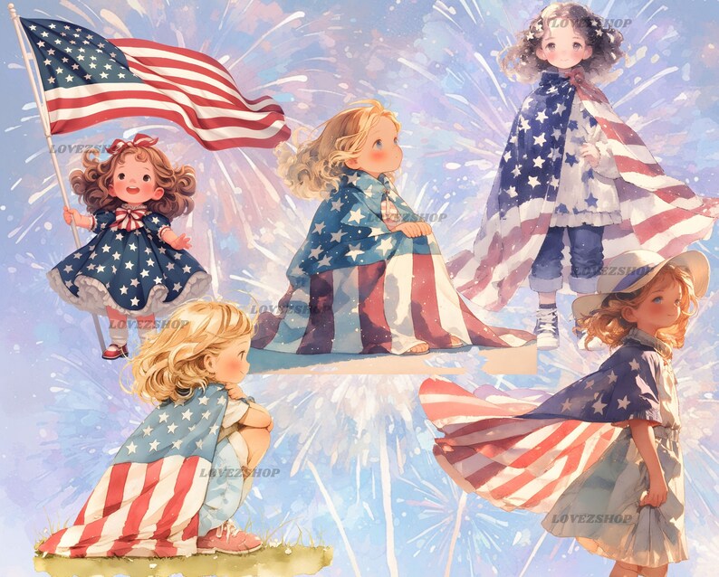 18 Fourth of July Kids Clipart, 4th of July Kids Watercolor Style JPG ...