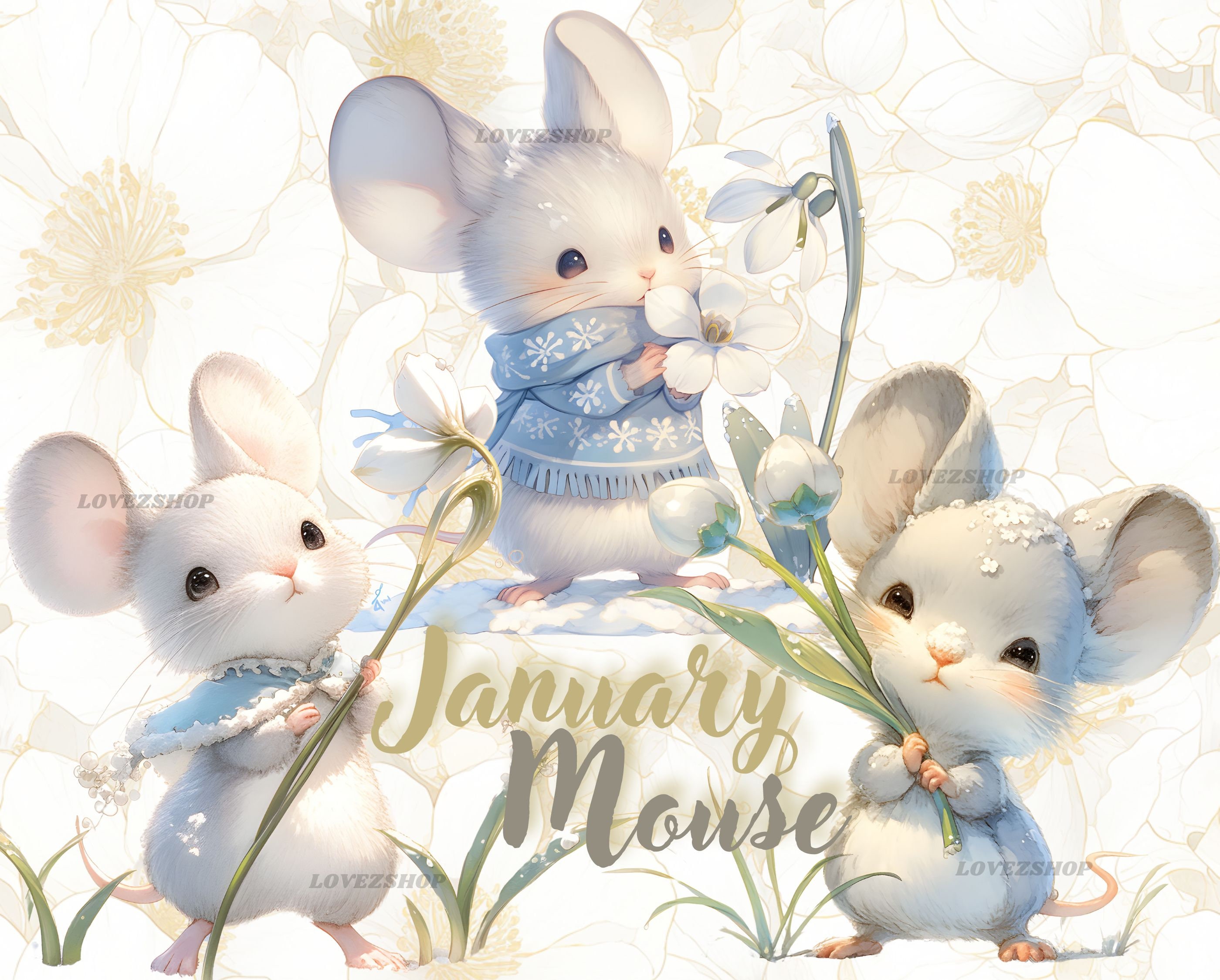 10 Mouse With Birth Month Flower for January, Snowdrop Flower, 10 High ...