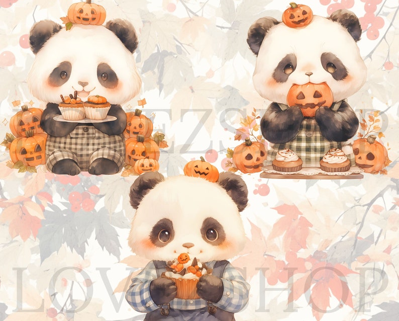 20 Fall Panda, Baking Clipart, JPG File, Panda Clipart, Watercolor Cute ...