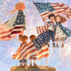 18 Fourth of July Kids Clipart, 4th of July Kids Watercolor Style JPG ...