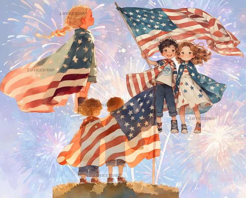 18 Fourth of July Kids Clipart, 4th of July Kids Watercolor Style JPG ...