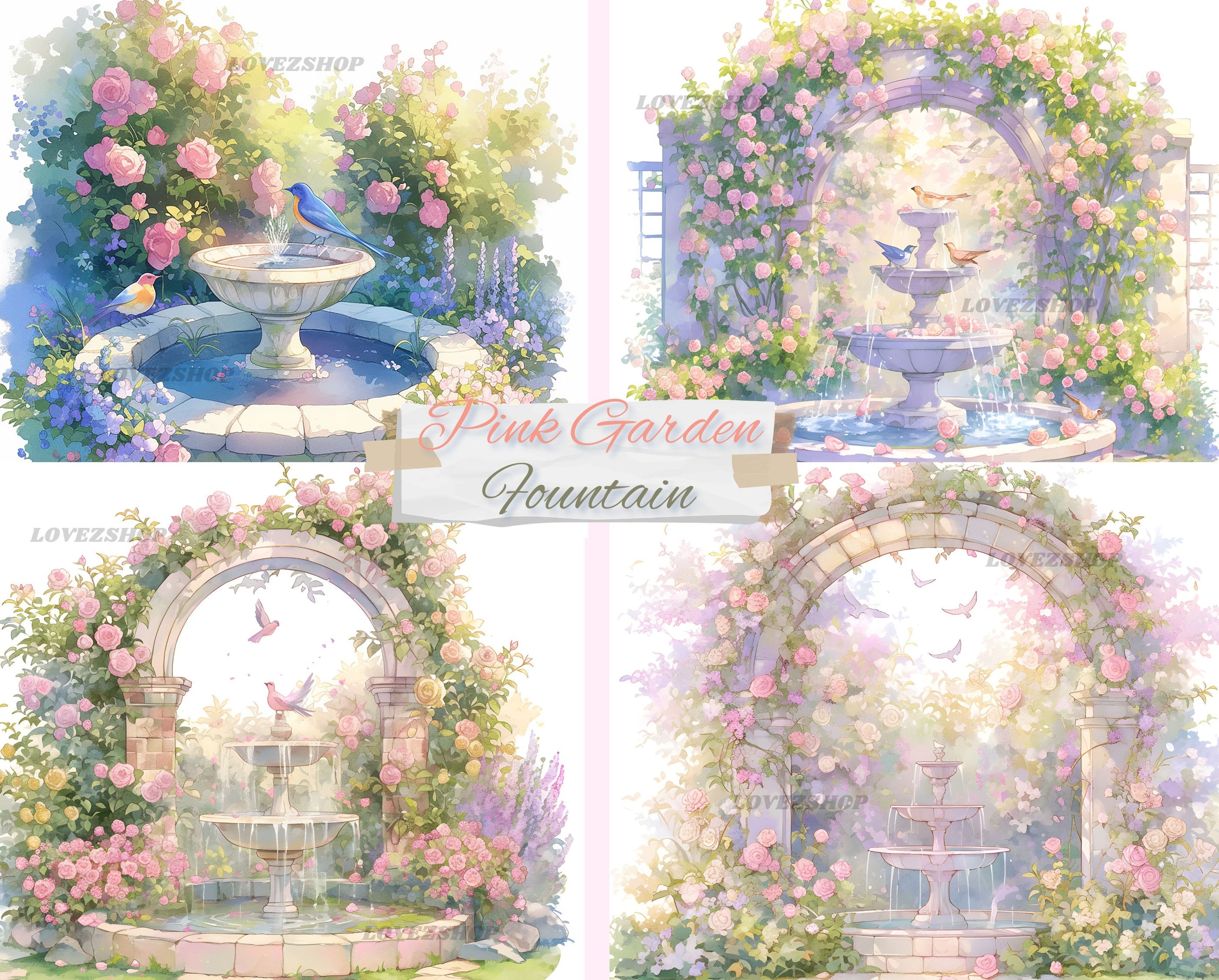15 Pink Garden Fountain, Watercolor Garden JPG Clipart Bundle, Birthday ...