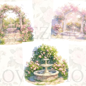 15 Pink Garden Fountain, Watercolor Garden JPG Clipart Bundle, Birthday ...