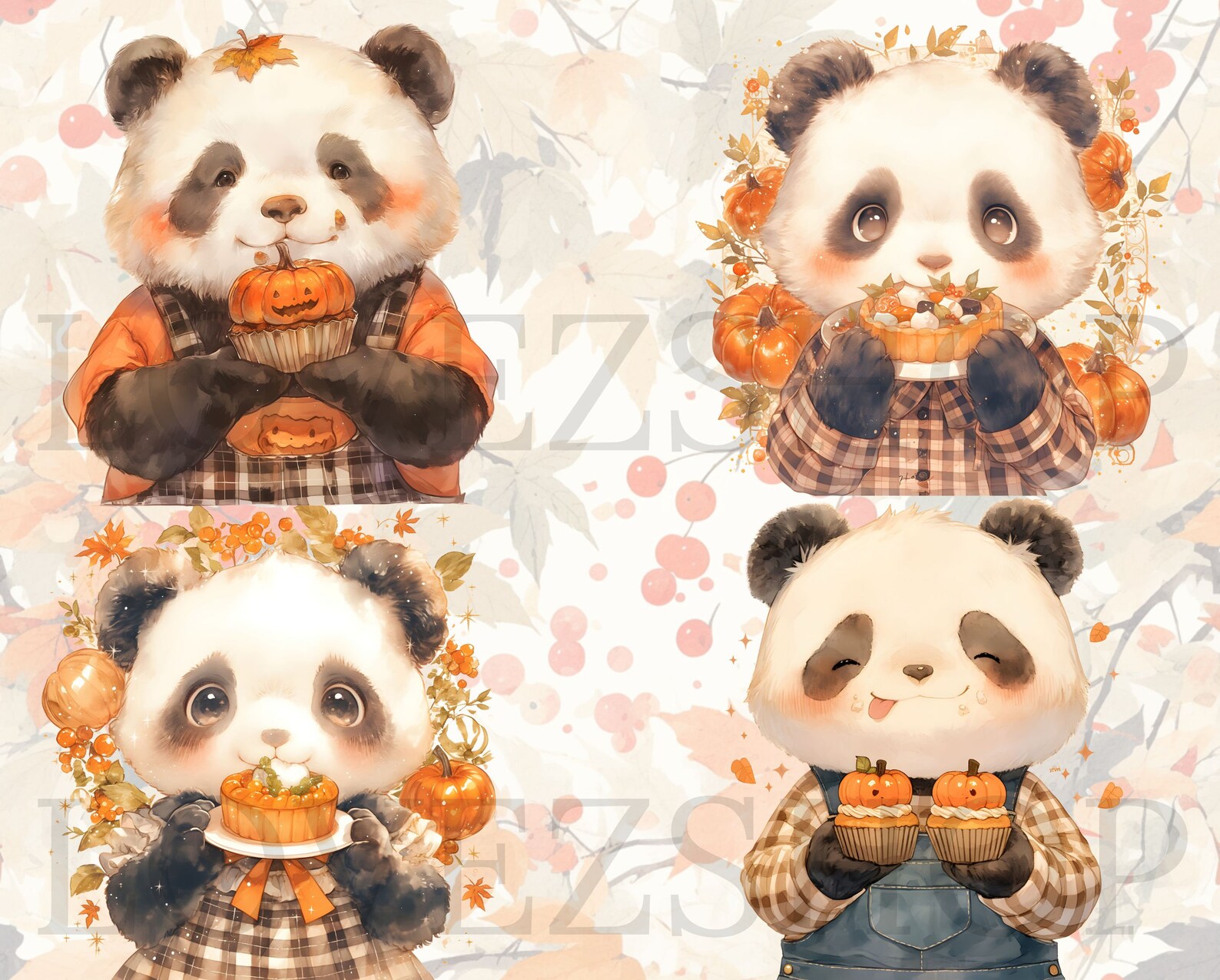 20 Fall Panda, Baking Clipart, JPG File, Panda Clipart, Watercolor Cute ...