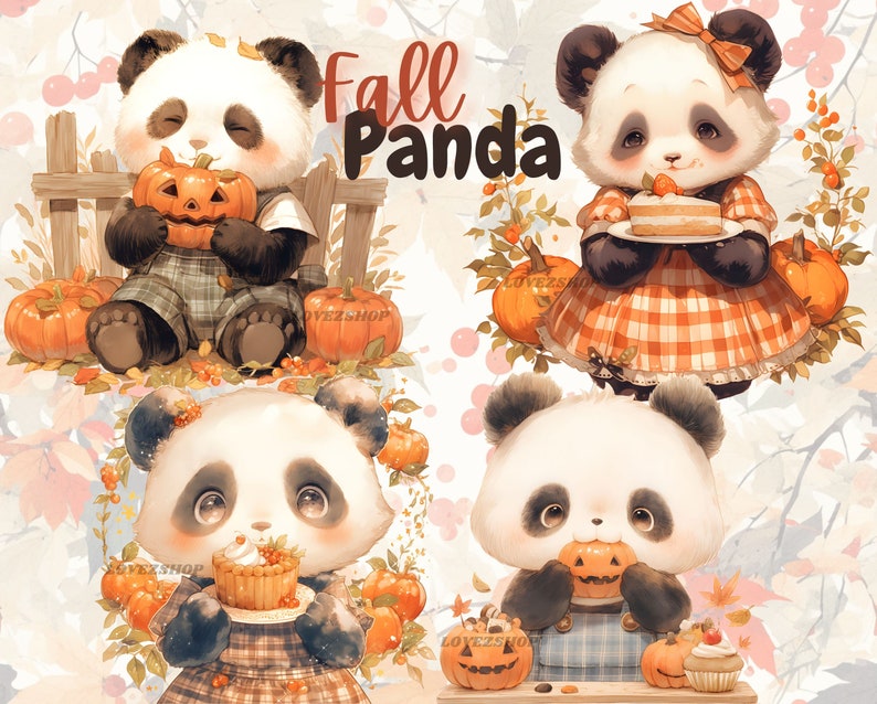 20 Fall Panda, Baking Clipart, JPG File, Panda Clipart, Watercolor Cute ...