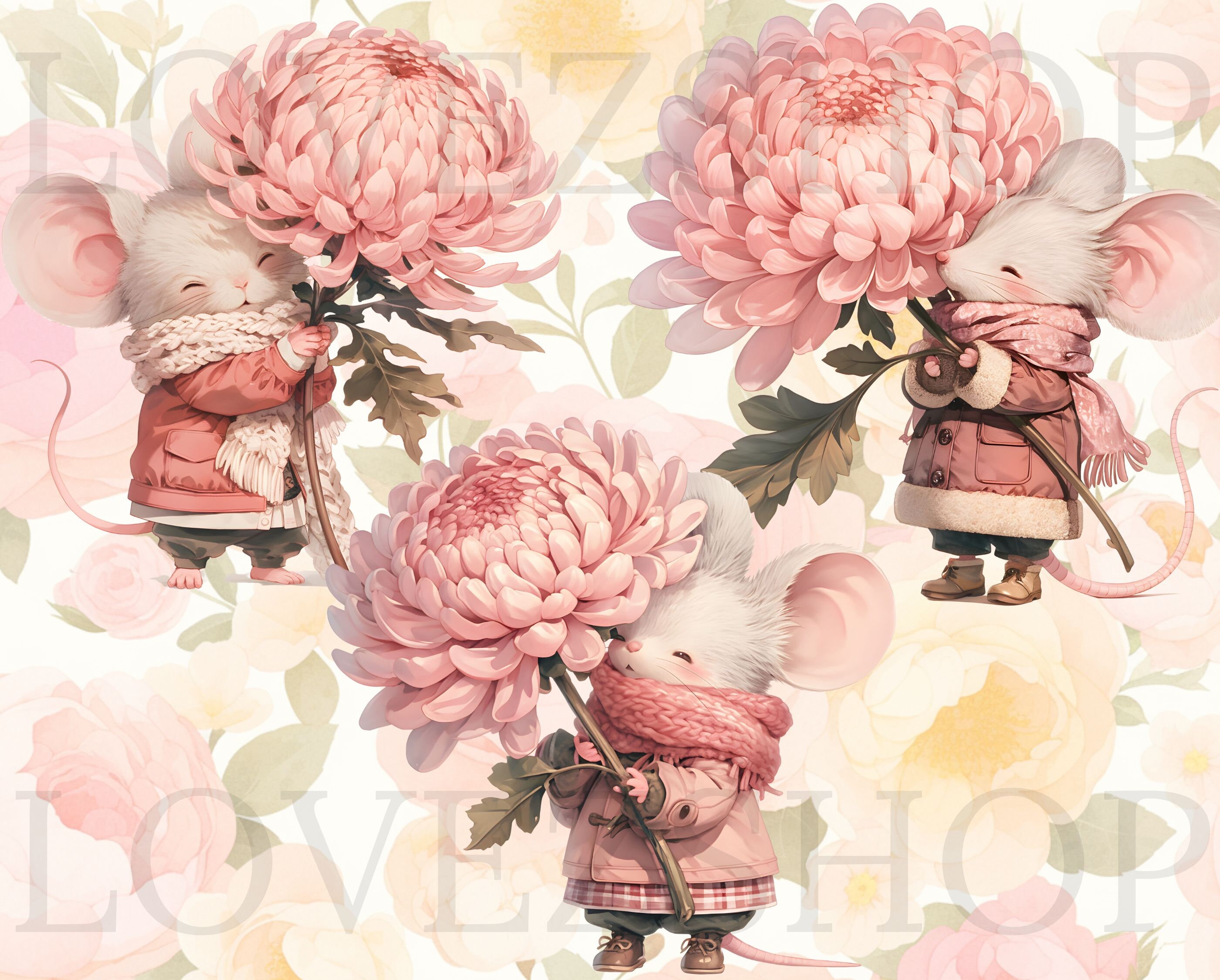 15 Mouse With Birth Month Flower for November,chrysanthemum Flower,high ...