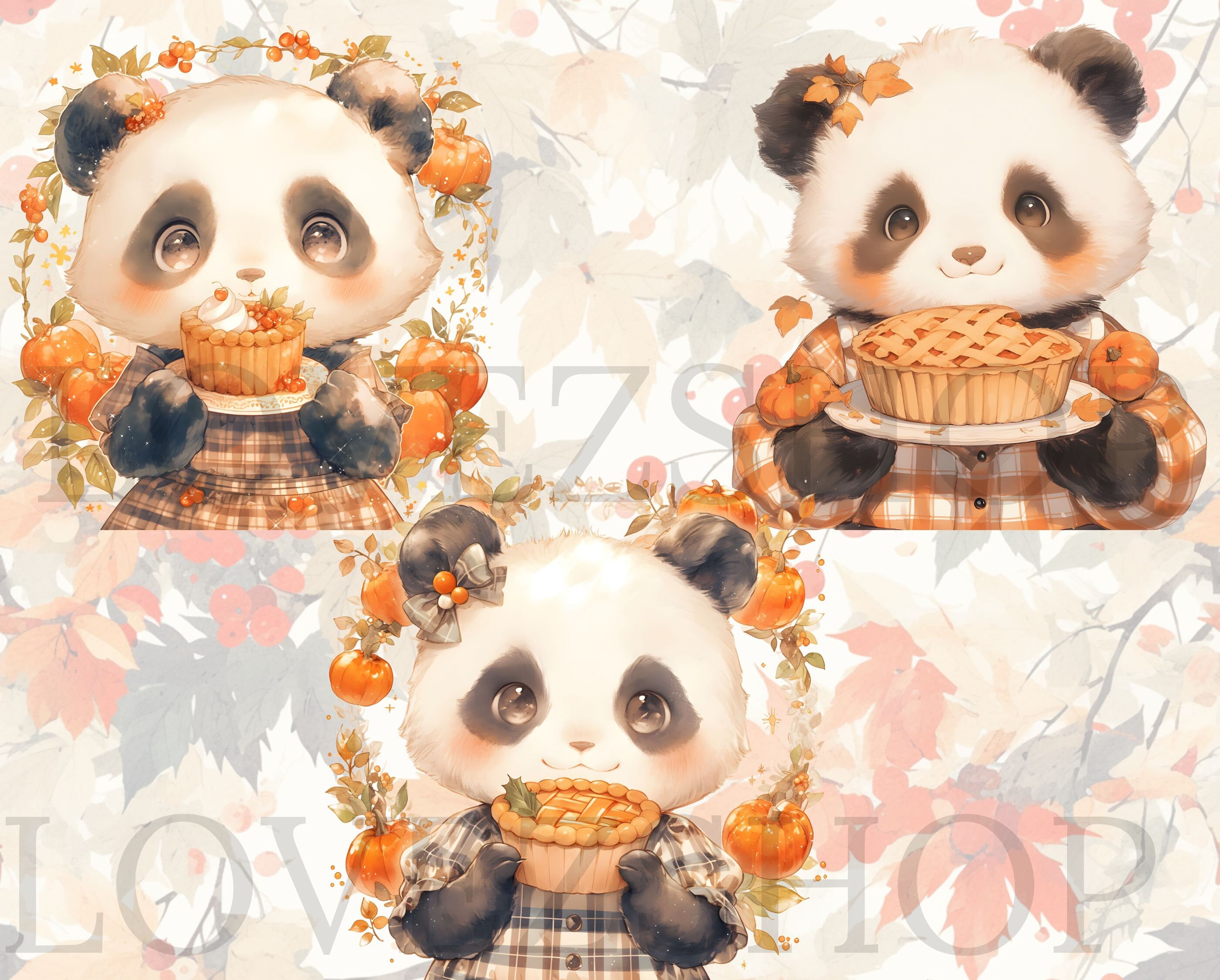 20 Fall Panda, Baking Clipart, JPG File, Panda Clipart, Watercolor Cute ...