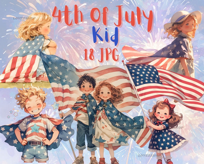 18 Fourth of July Kids Clipart, 4th of July Kids Watercolor Style JPG ...