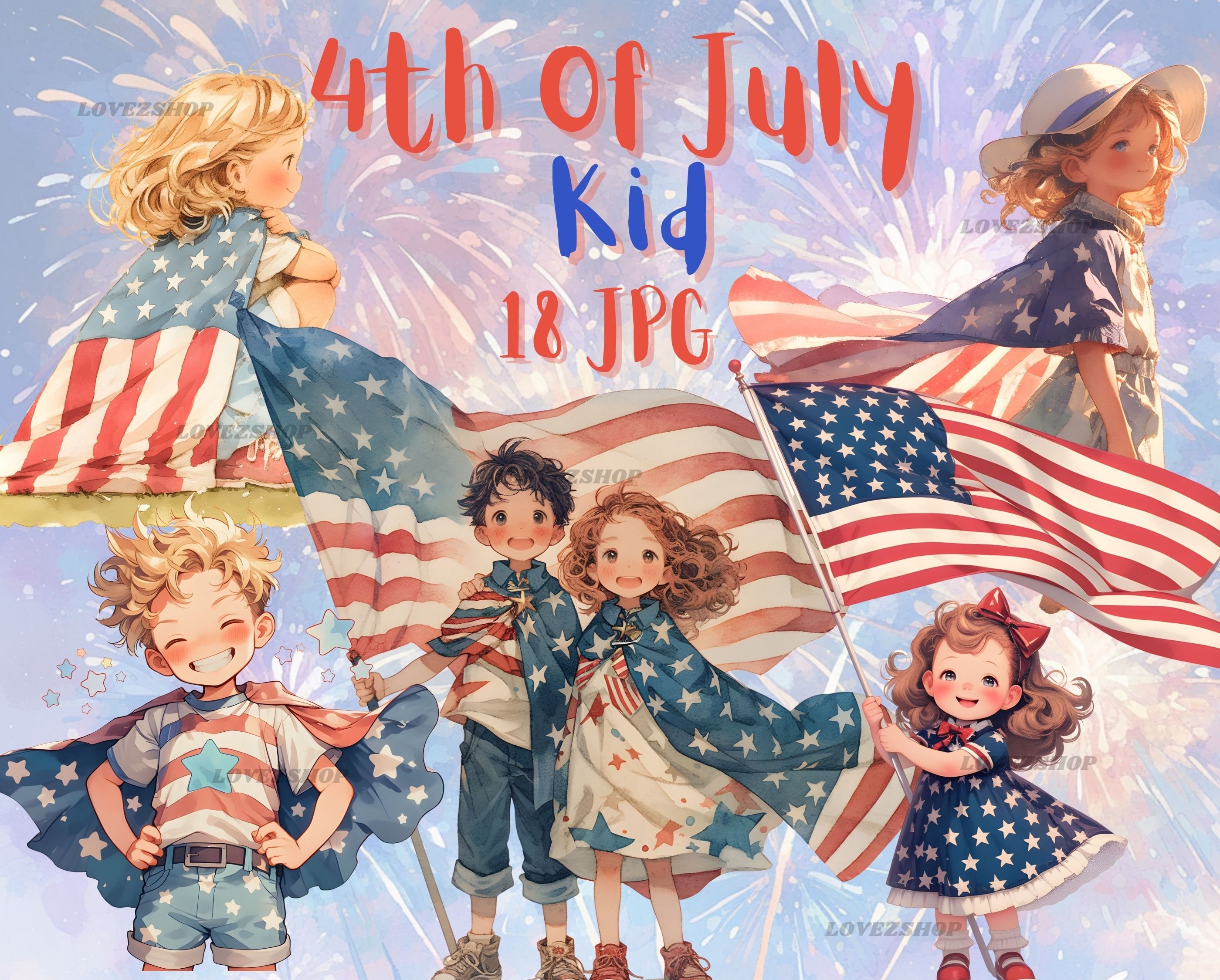 18 Fourth of July Kids Clipart, 4th of July Kids Watercolor Style JPG ...