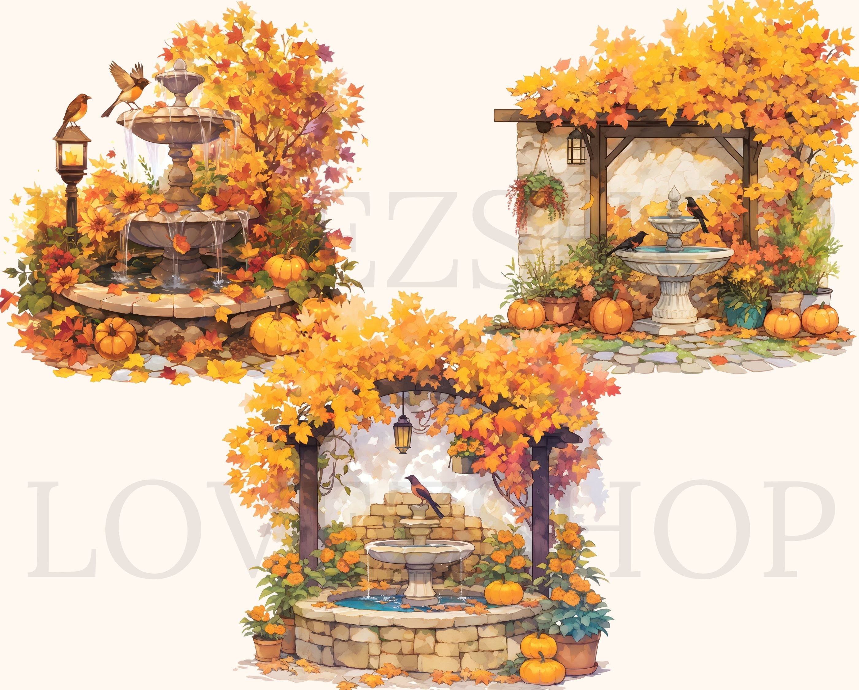 21 Autumn Garden Fountain, Watercolor Fall Garden JPG Clipart Bundle ...