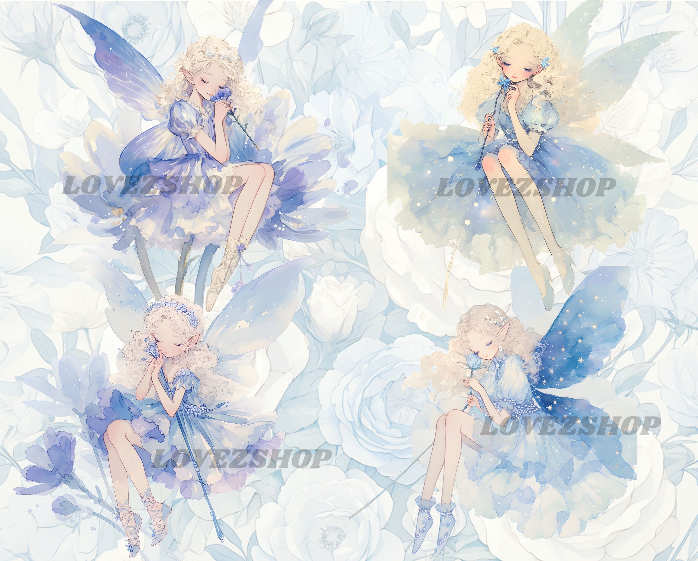 14 Elegant Blue Fairy Clipart, Watercolor Magical Blue Fairies JPG ...