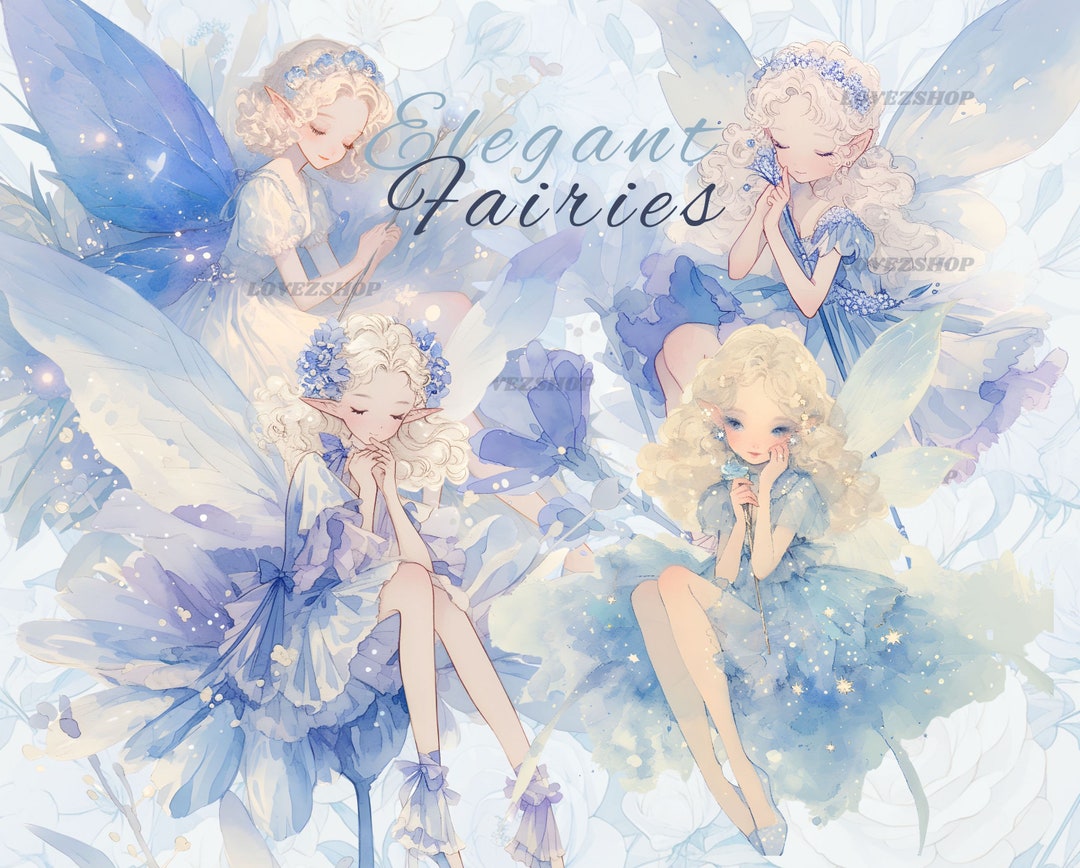 14 Elegant Blue Fairy Clipart, Watercolor Magical Blue Fairies JPG ...