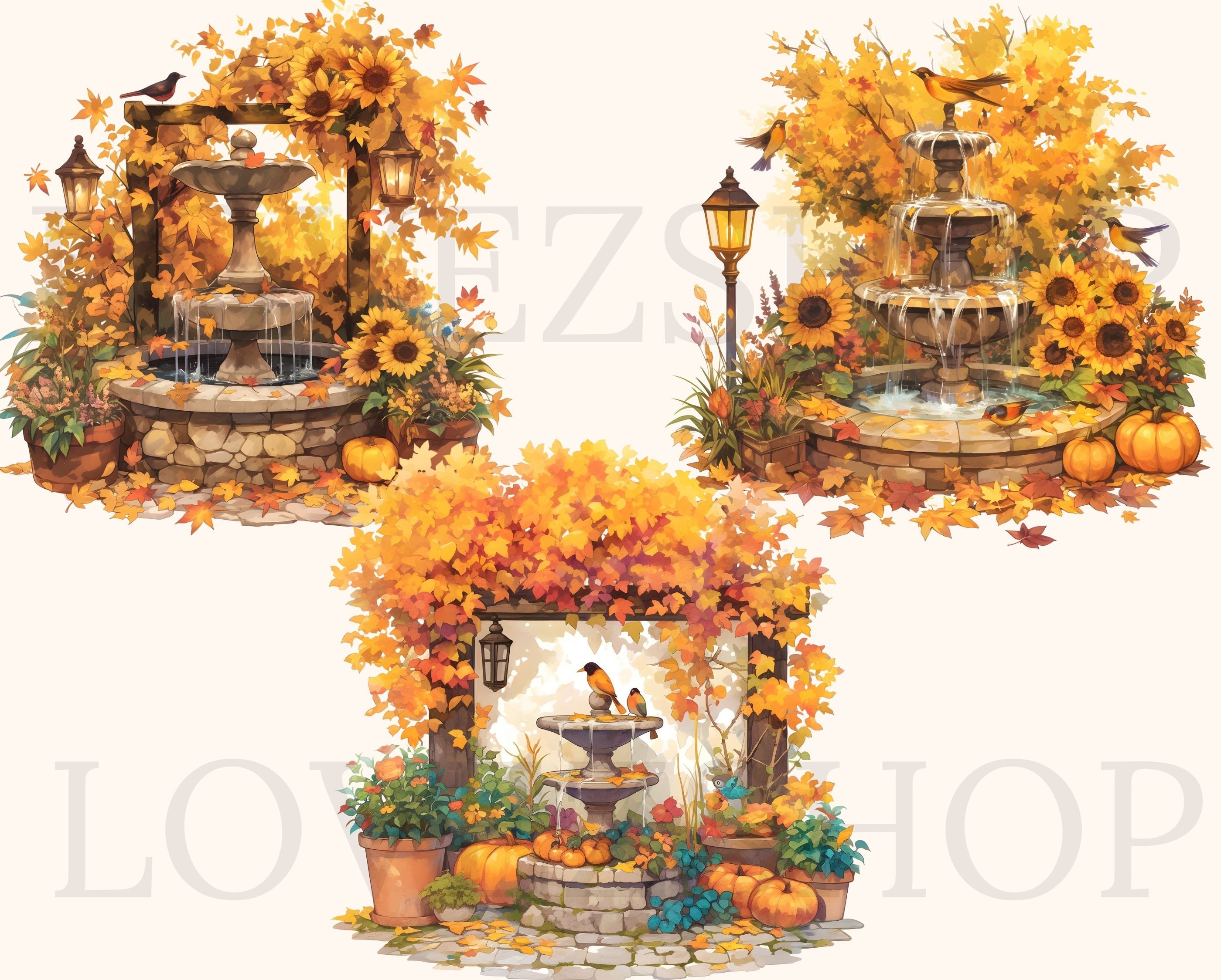 21 Autumn Garden Fountain, Watercolor Fall Garden JPG Clipart Bundle ...