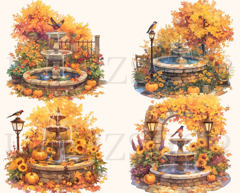 21 Autumn Garden Fountain, Watercolor Fall Garden JPG Clipart Bundle ...