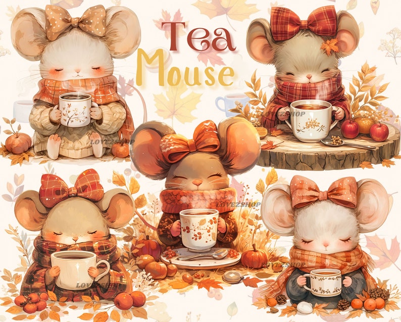 21 Tea Mouse, Autumn Clipart, Watercolor Autumn Mouse Clipart, High ...