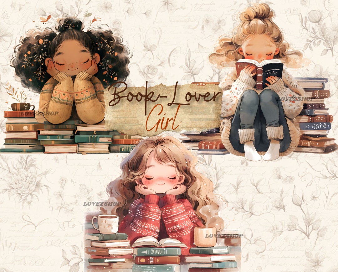 15 Book Lover Girl Clipart, Watercolor Autumn Clipart, Pretty Girl ...
