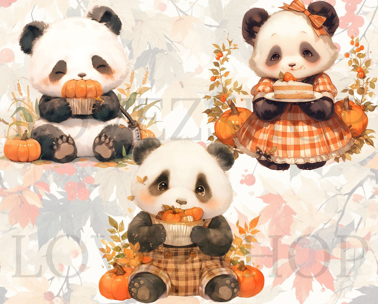 20 Fall Panda, Baking Clipart, JPG File, Panda Clipart, Watercolor Cute ...