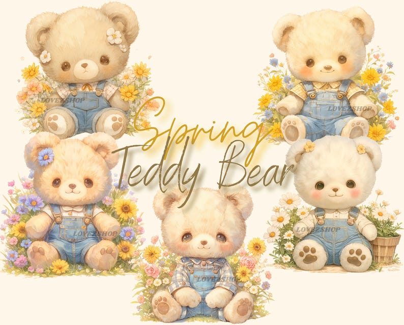 12 Spring Teddy Bear Clipart, Spring Clipart, JPG File, Watercolor ...