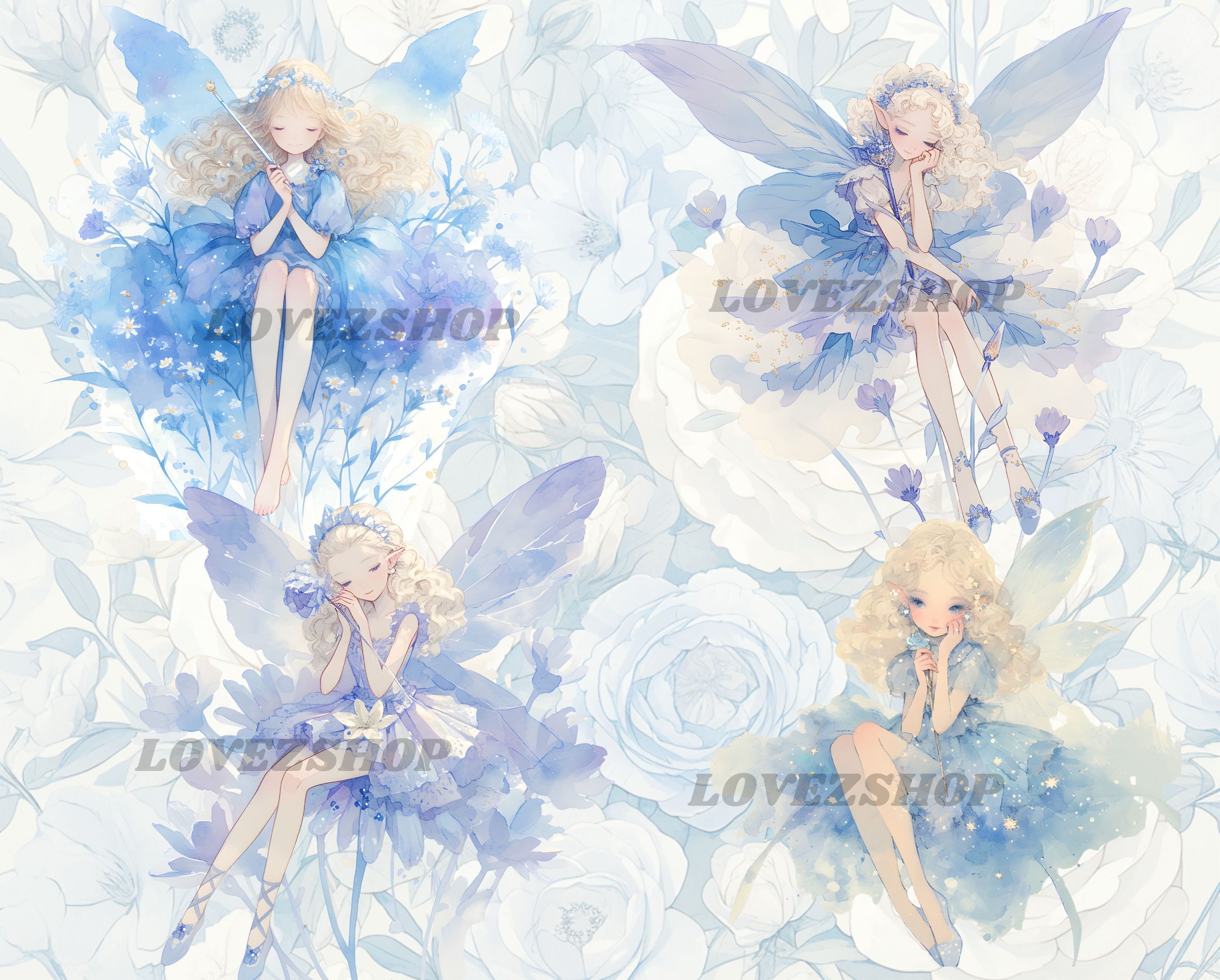 14 Elegant Blue Fairy Clipart, Watercolor Magical Blue Fairies JPG ...