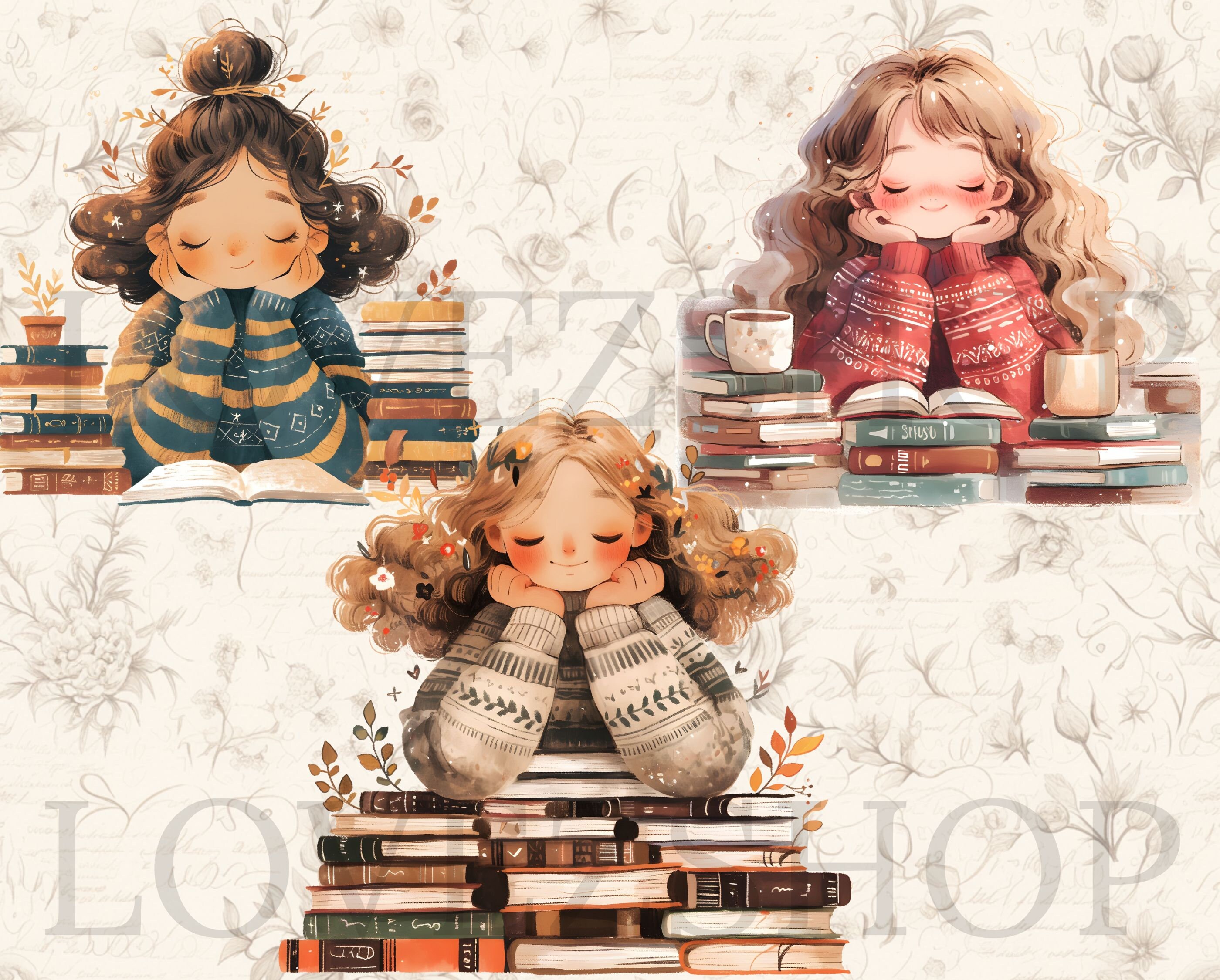 15 Book Lover Girl Clipart, Watercolor Autumn Clipart, Pretty Girl ...