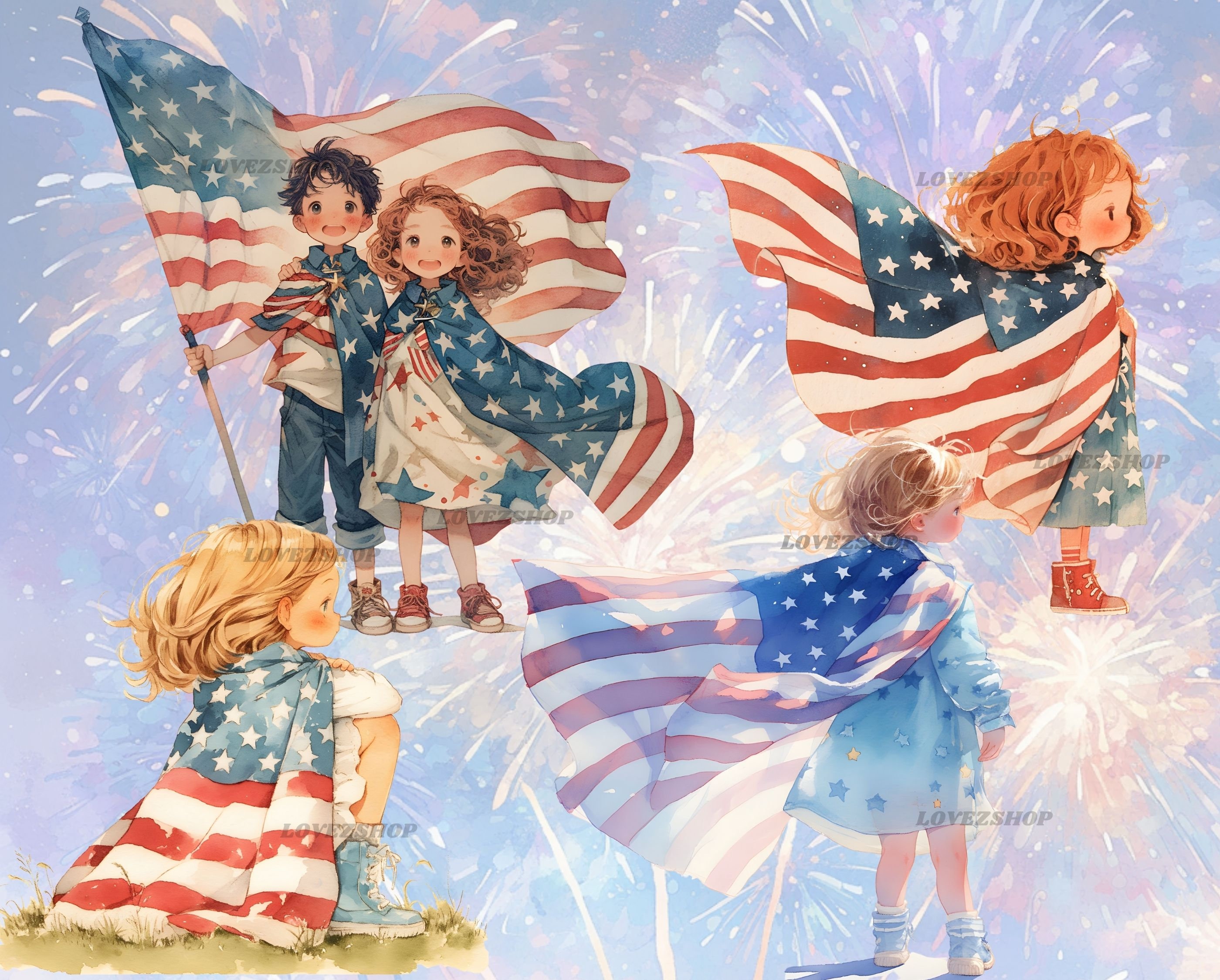 18 Fourth of July Kids Clipart, 4th of July Kids Watercolor Style JPG ...